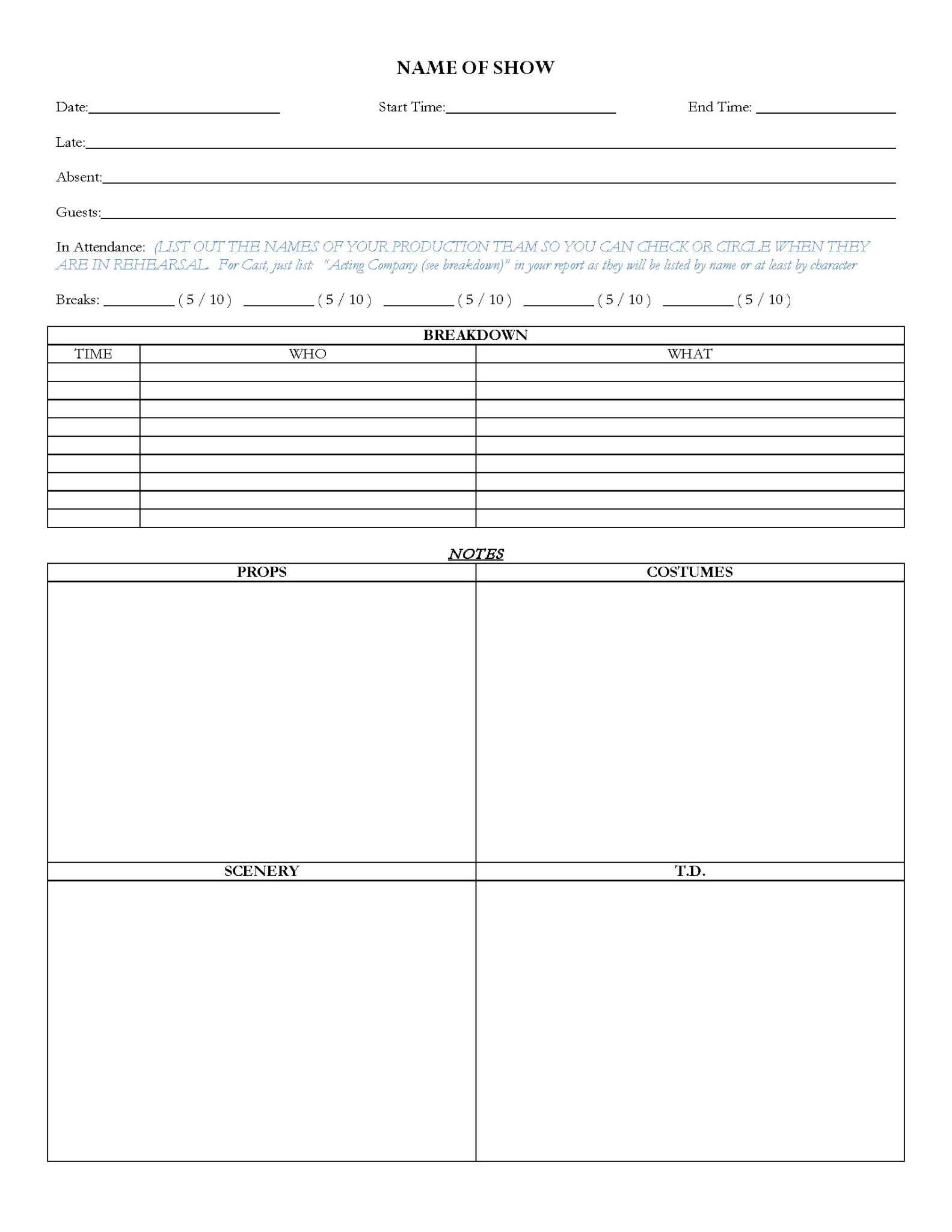 The Stage Manager’s Toolkit Within Rehearsal Report Template ...