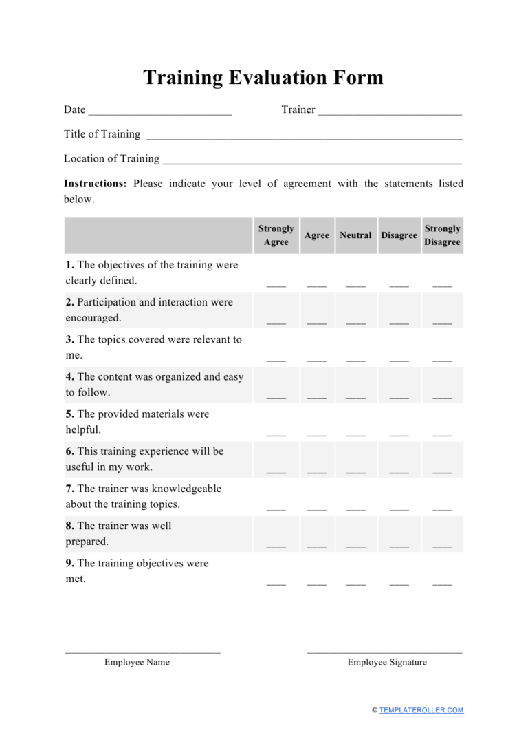 Training Evaluation Form Download Printable PDF Templateroller With ...