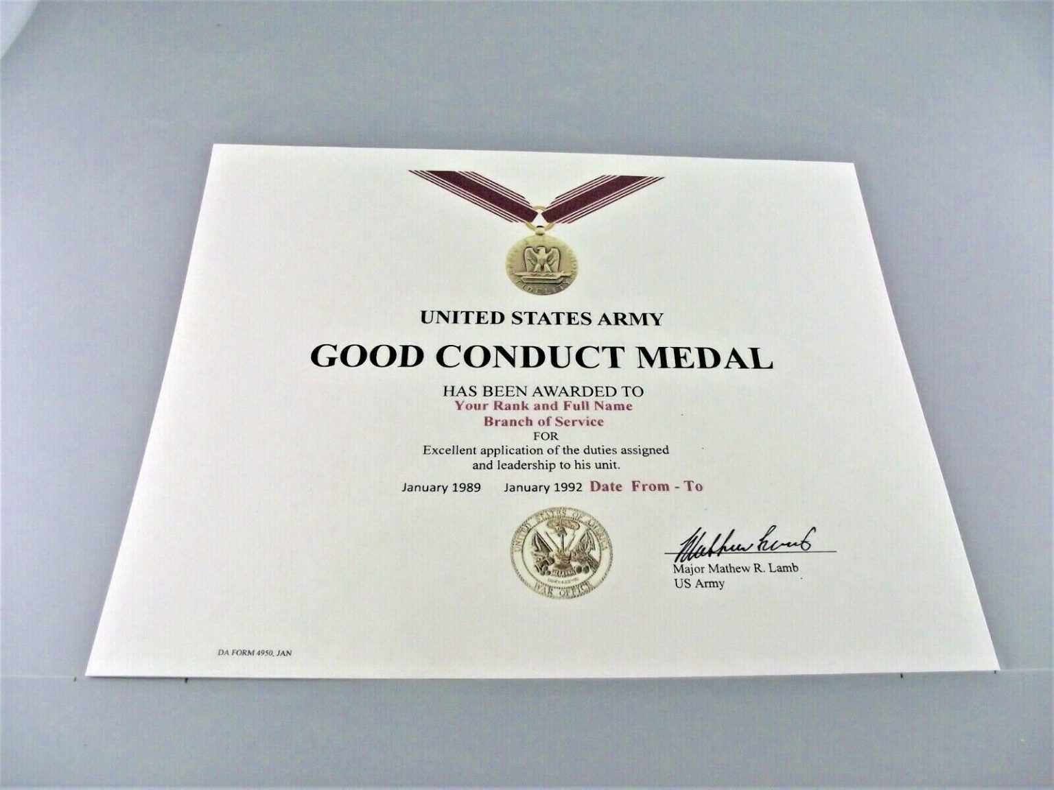United States Army Good Conduct Replacement Certificate For Army Good ...