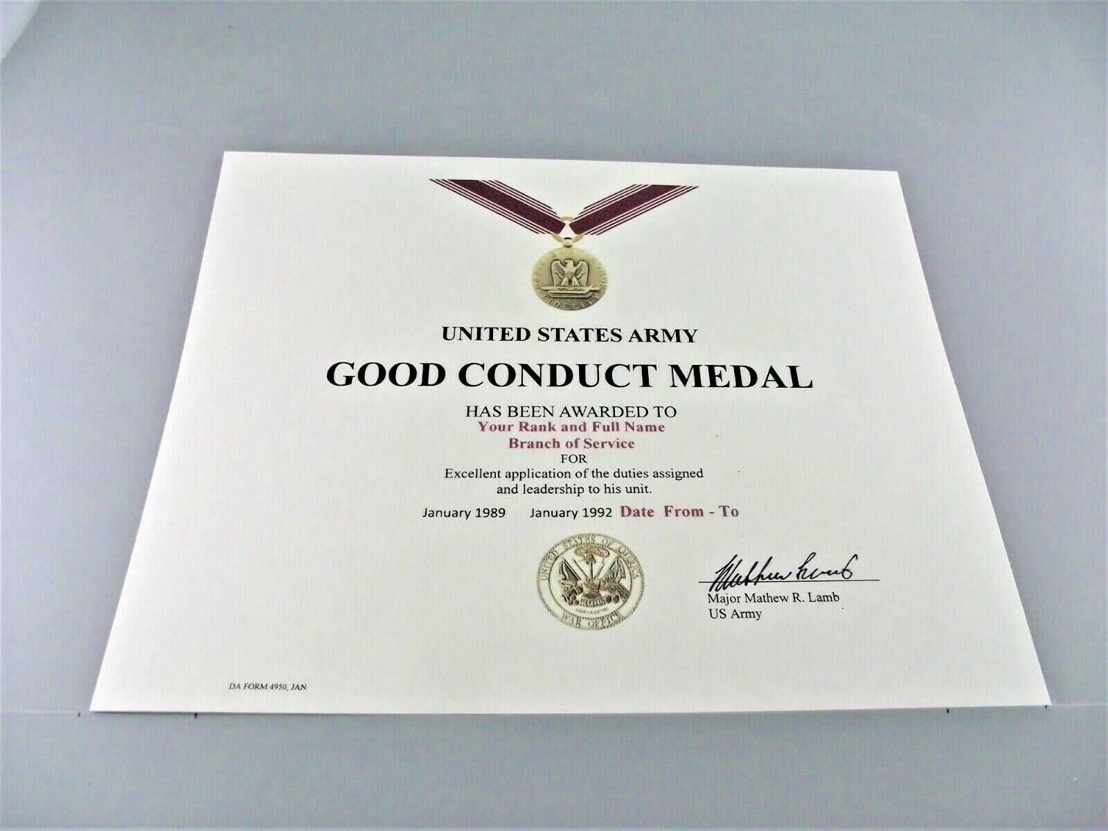 Army Good Conduct Medal Certificate Template - Rebeccachulew.com