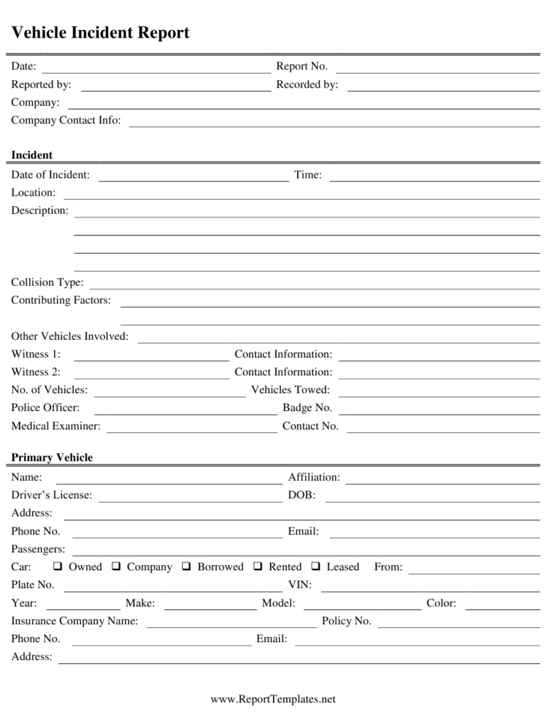 Vehicle Incident Report Form Download Printable PDF Templateroller Pertaining To Motor Vehicle ...