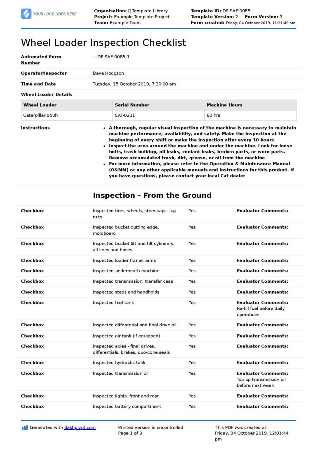 Wheel Loader Inspection Checklist: Free & Editable Form Template ...
