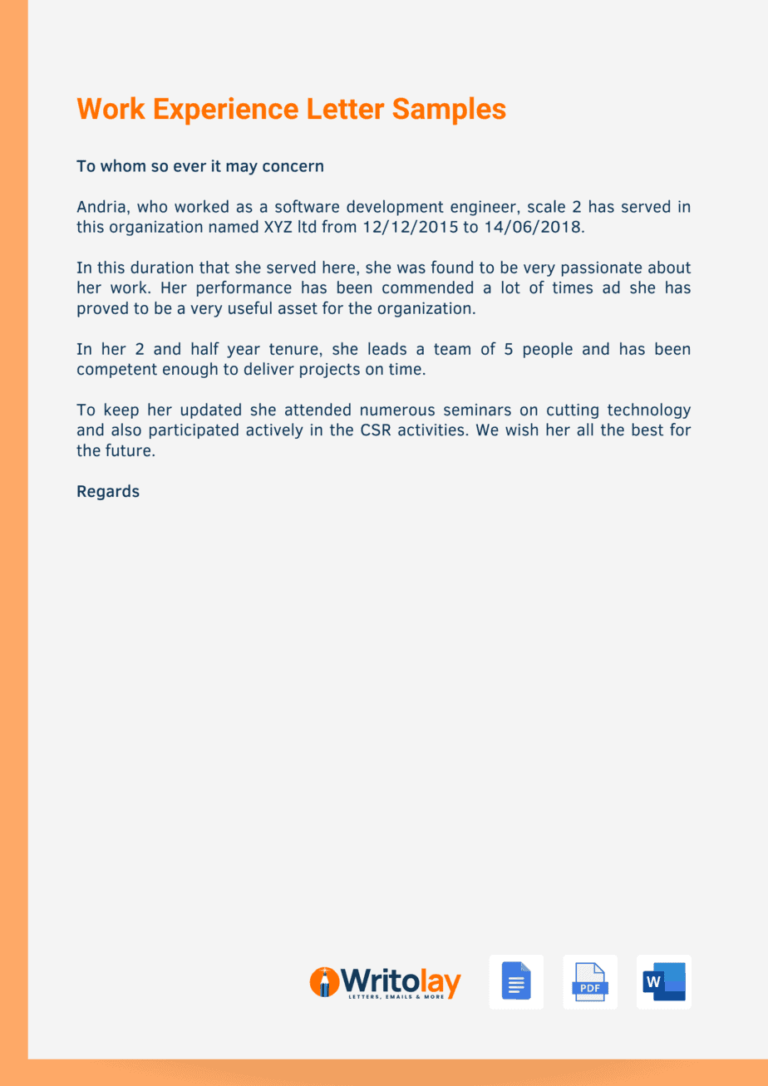 Work Experience Letter Sample: 10 Formats – Writolay - Rebeccachulew.com